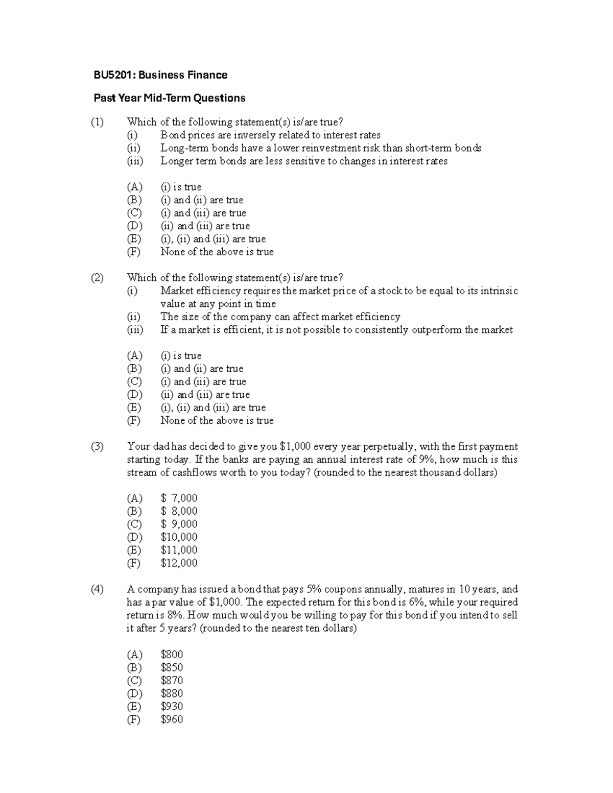 BU5201 Mid-Term Practice Qs: Business Finance Past Years - Studocu