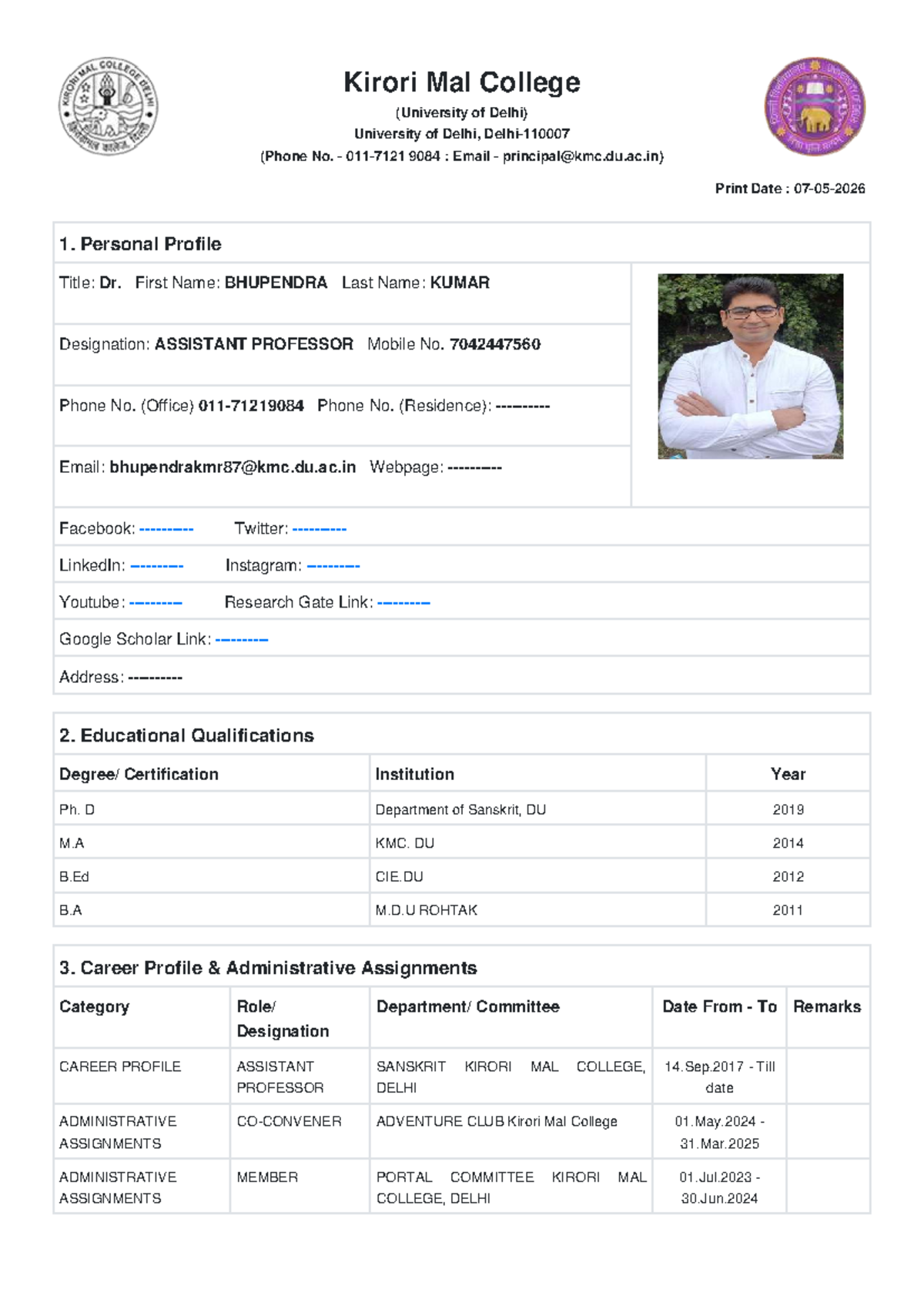 Faculty Profile of Dr. Bhupendra Kumar - KMC, University of Delhi - Studocu