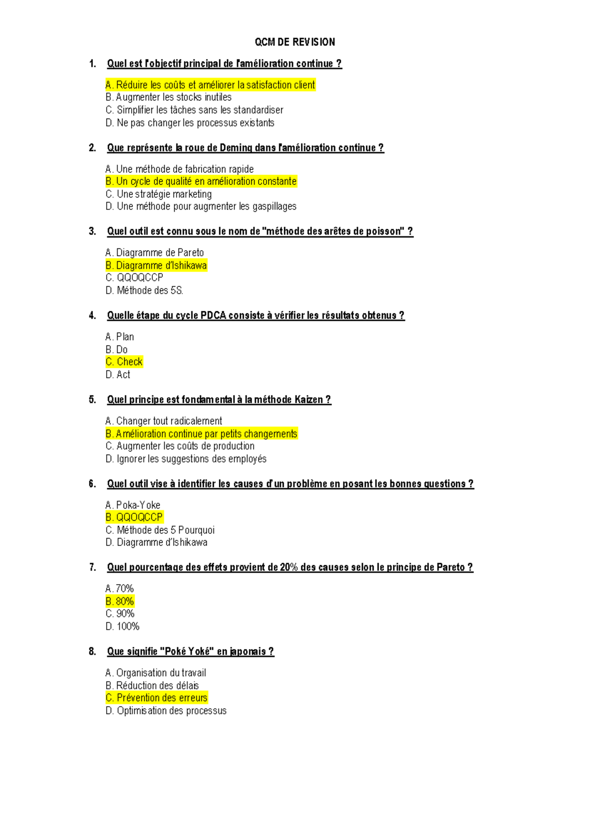 QCM de révision corrigé sur la gestion de la qualité et des stocks ...