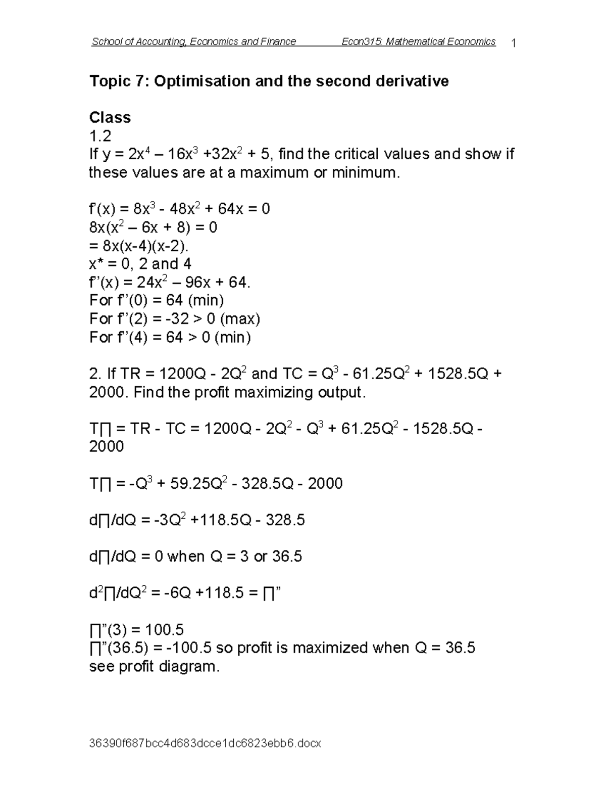 Econ315: Mathematical Economics 1 Topic 7 Class Questions Solutions ...
