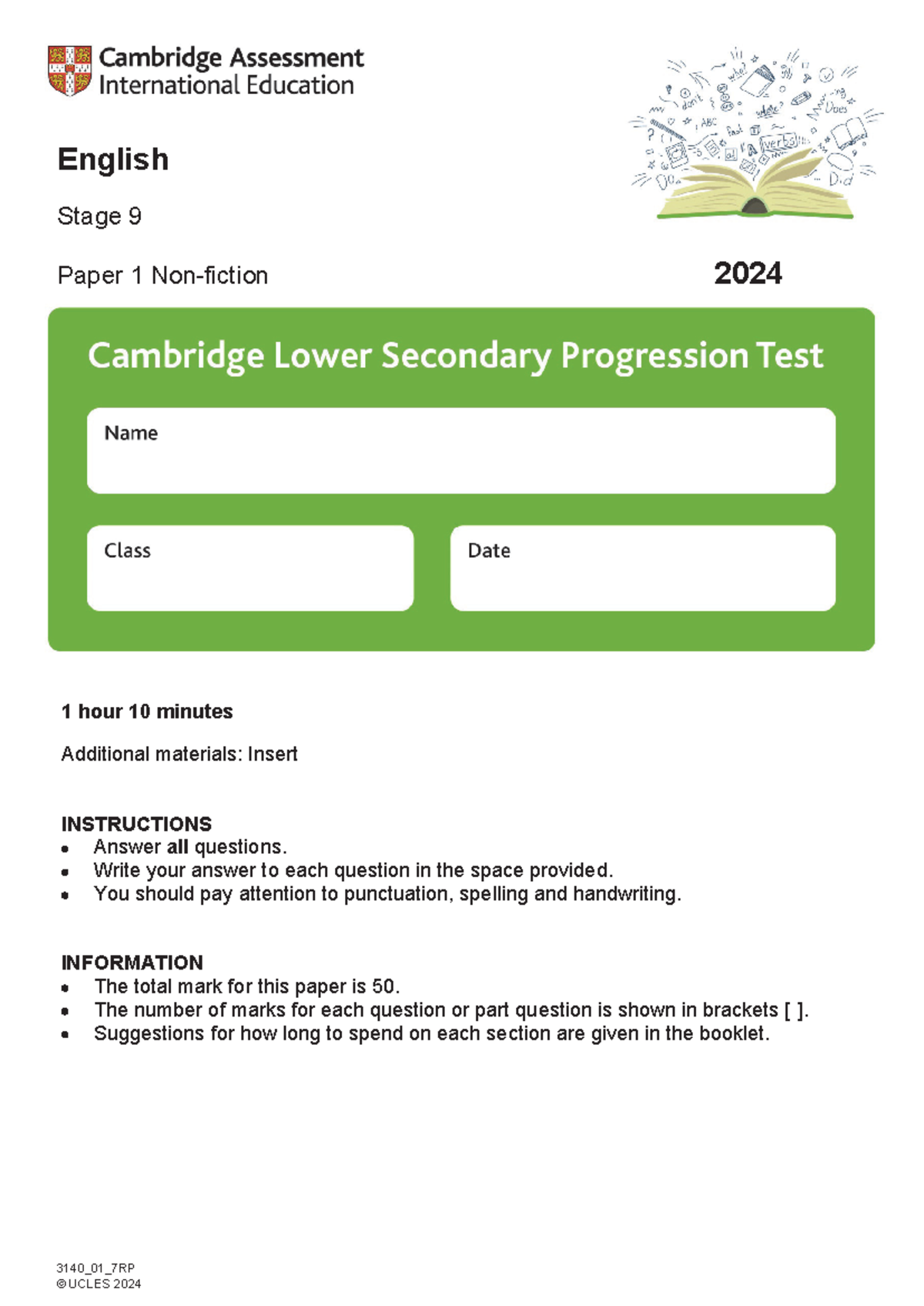 Cambridge Lower Secondary Progression Test - English 2024 Stage 9 Paper ...