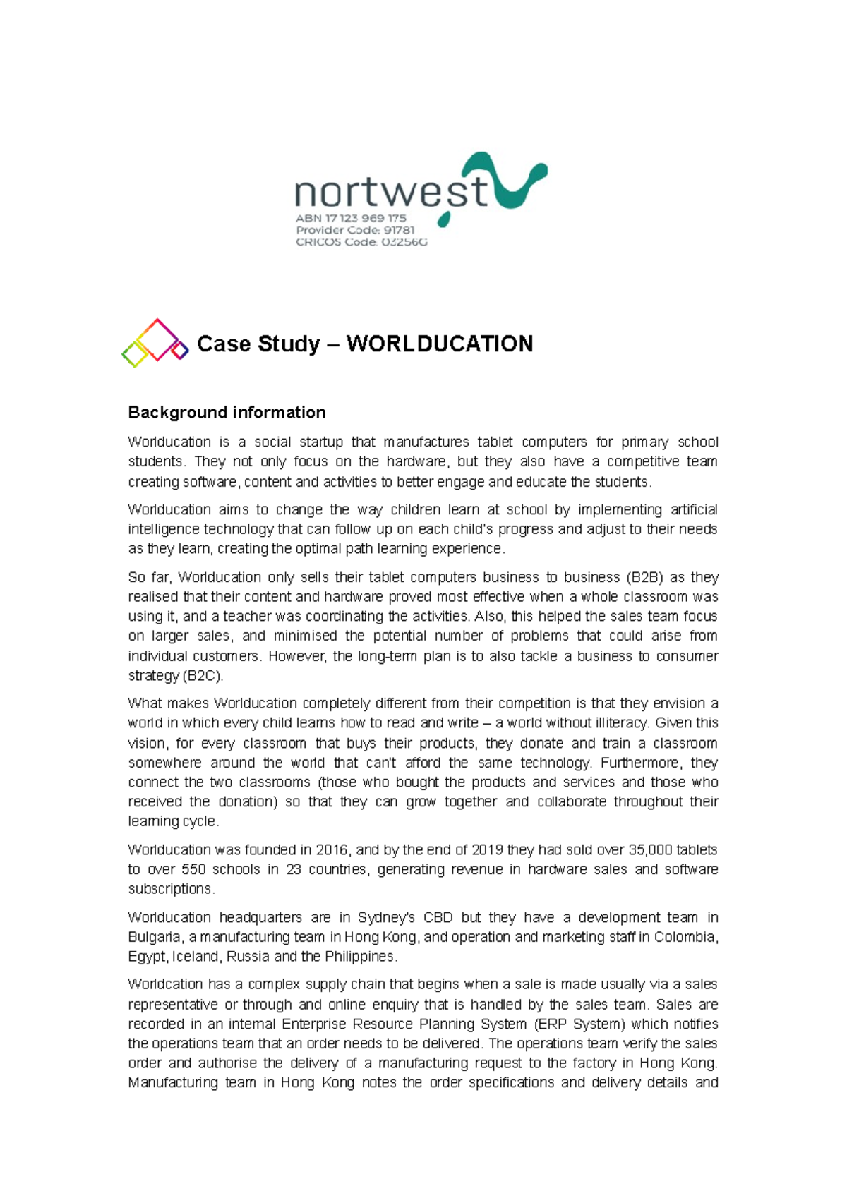 Bsbops 501 Simulation Pack - Case Study – WORLDUCATION Background ...