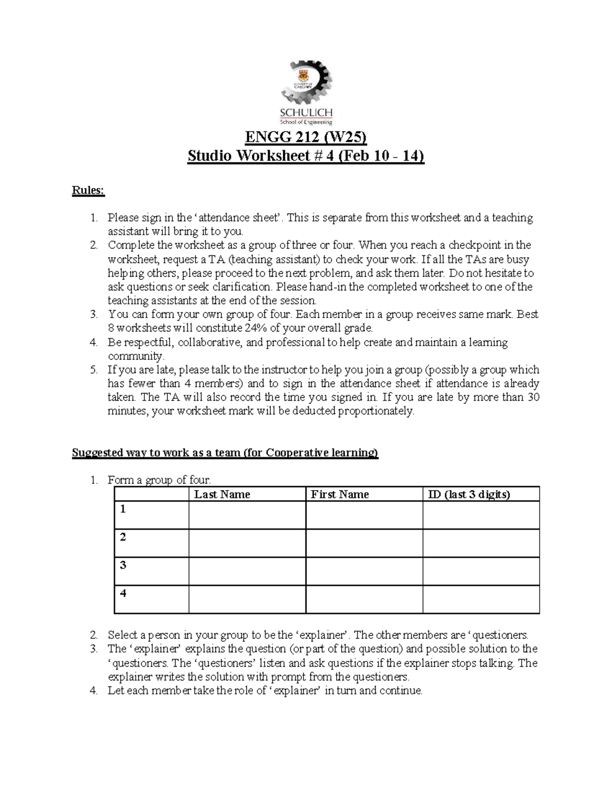 ENGG 212 (W25) Studio Worksheet 4 - Group Tasks (Feb 10-14) - Studocu