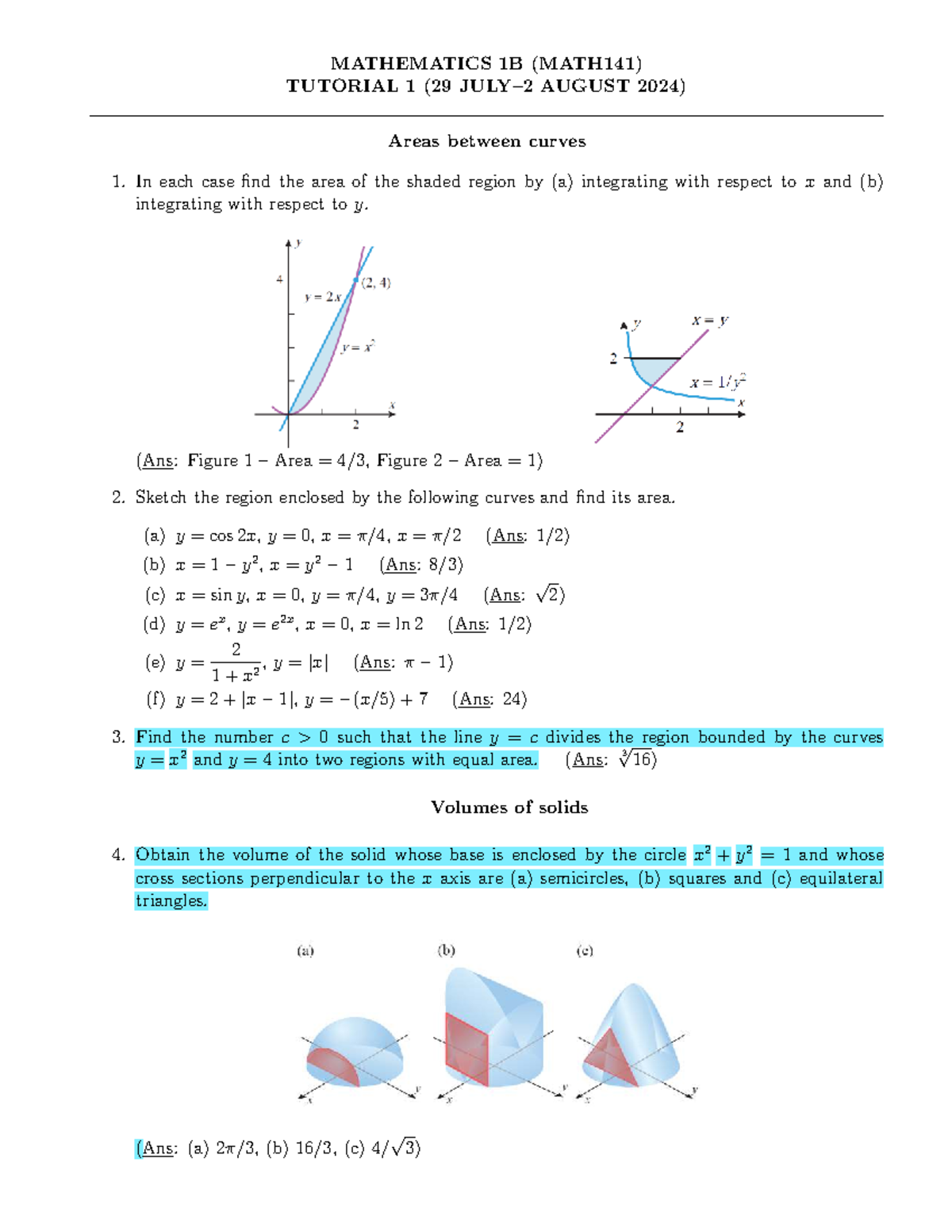 MATHEMATICS 1B (MATH141) TUTORIAL 1: Areas & Volumes Analysis - Studocu