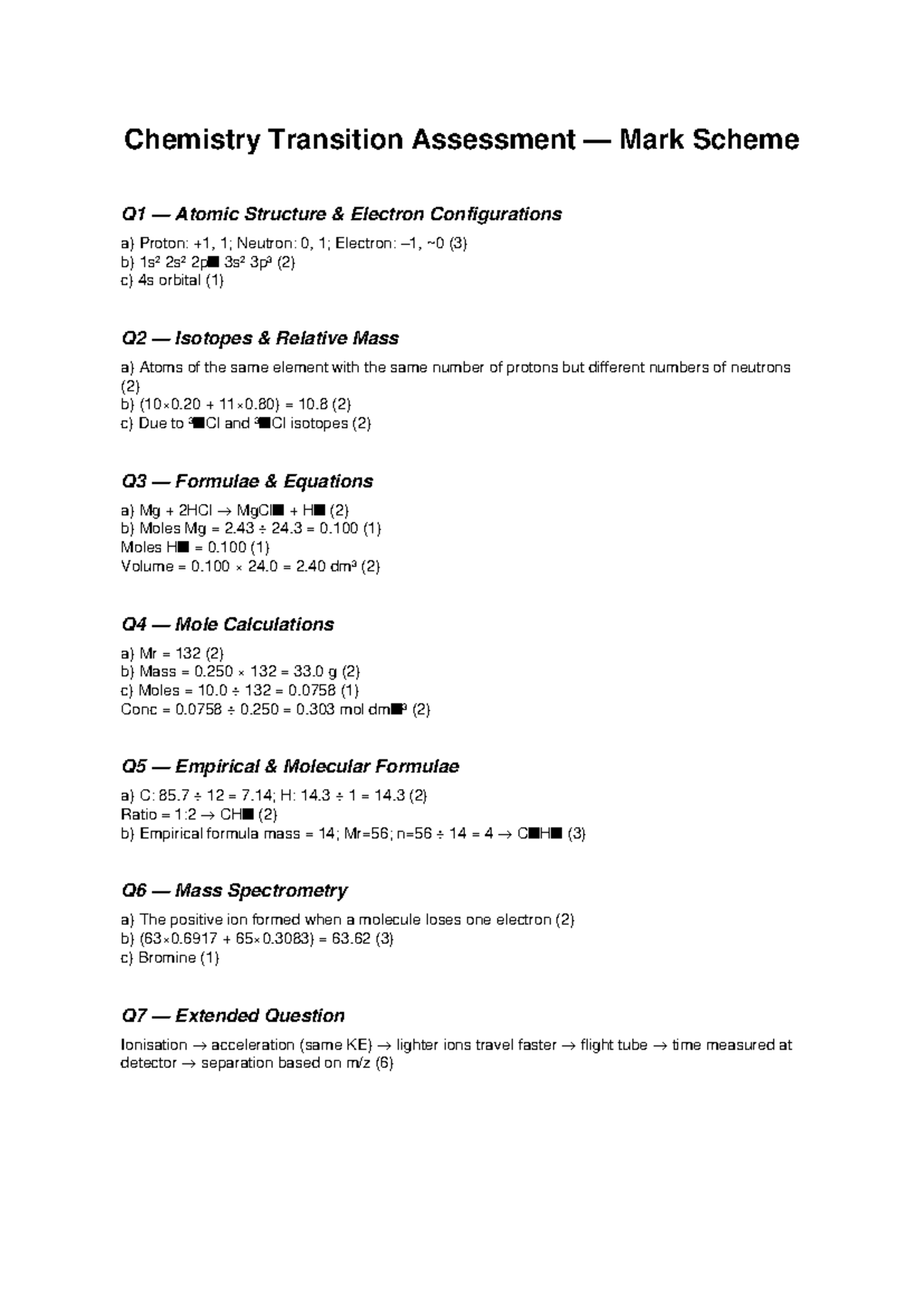 Chemistry Transition Assessment Mark Scheme: Atomic Structure ...