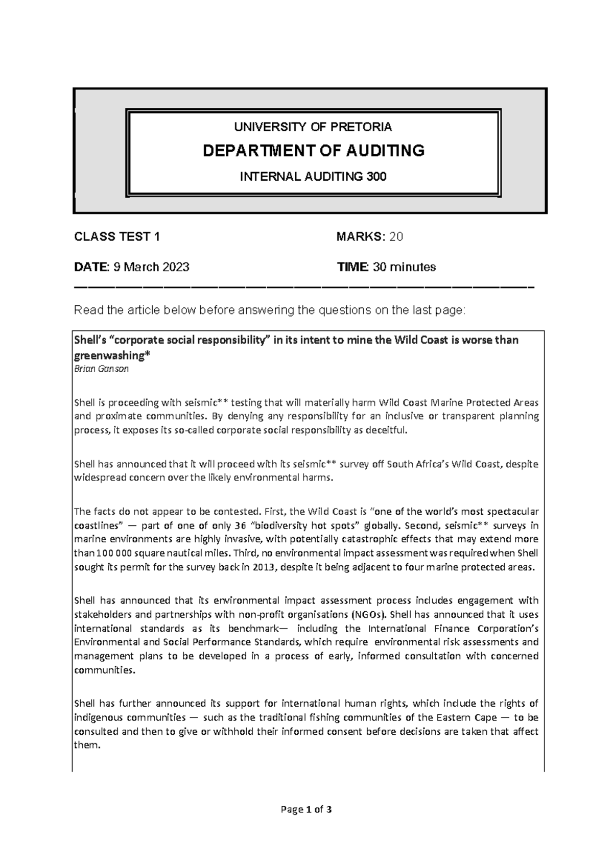 Internal Auditing 300 Class Test 1 - Governance Questions - Studocu