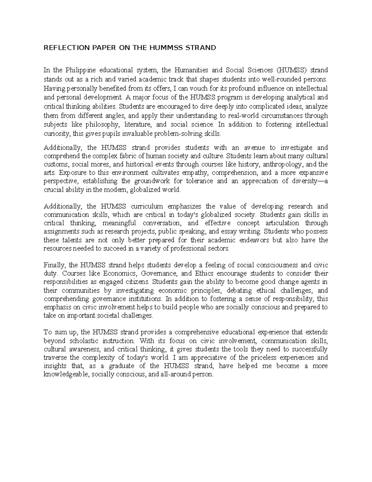 Reflection Paper on the HUMSS Strand: Personal Insights and Benefits ...