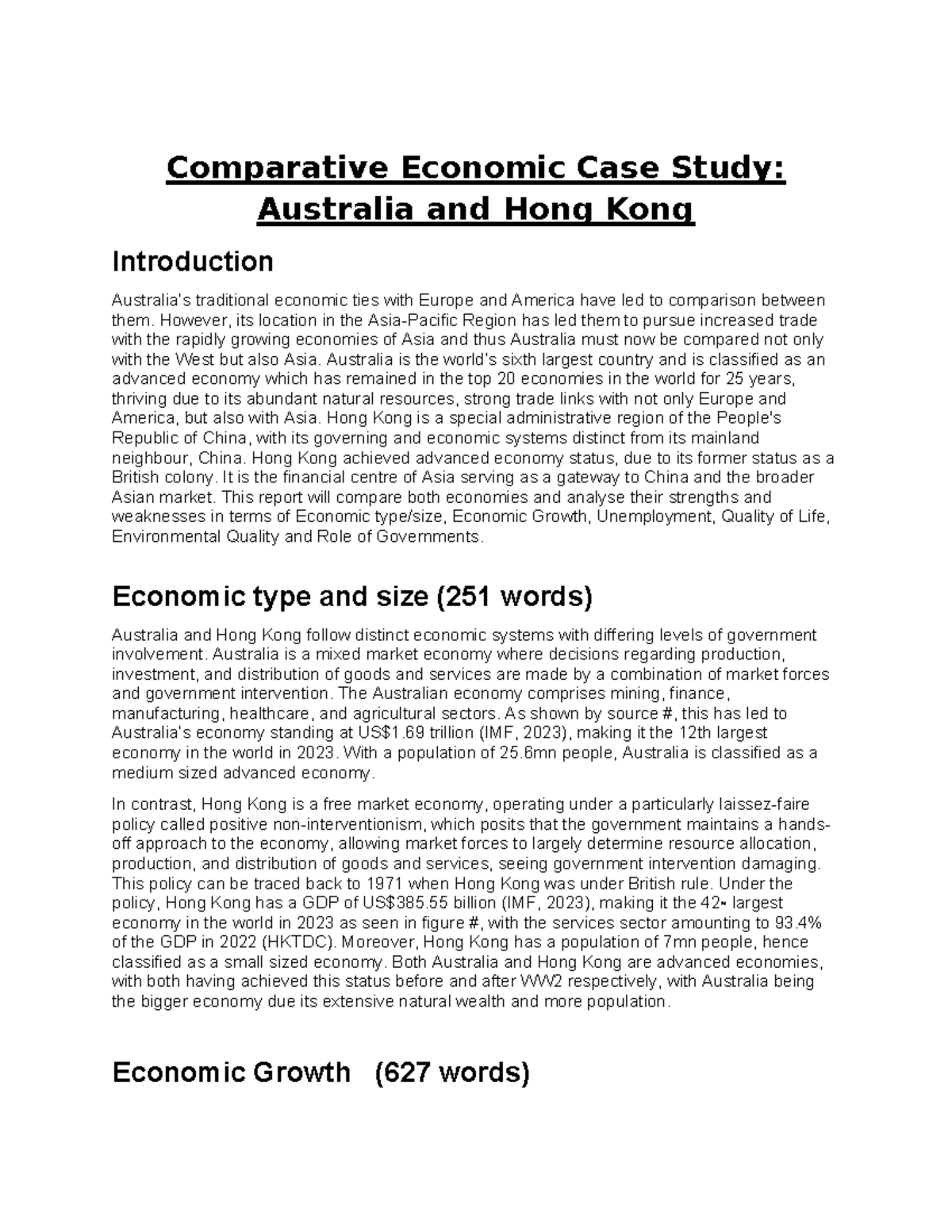 Comparative Economic Case Study: Australia vs. Hong Kong (ECON 101 ...