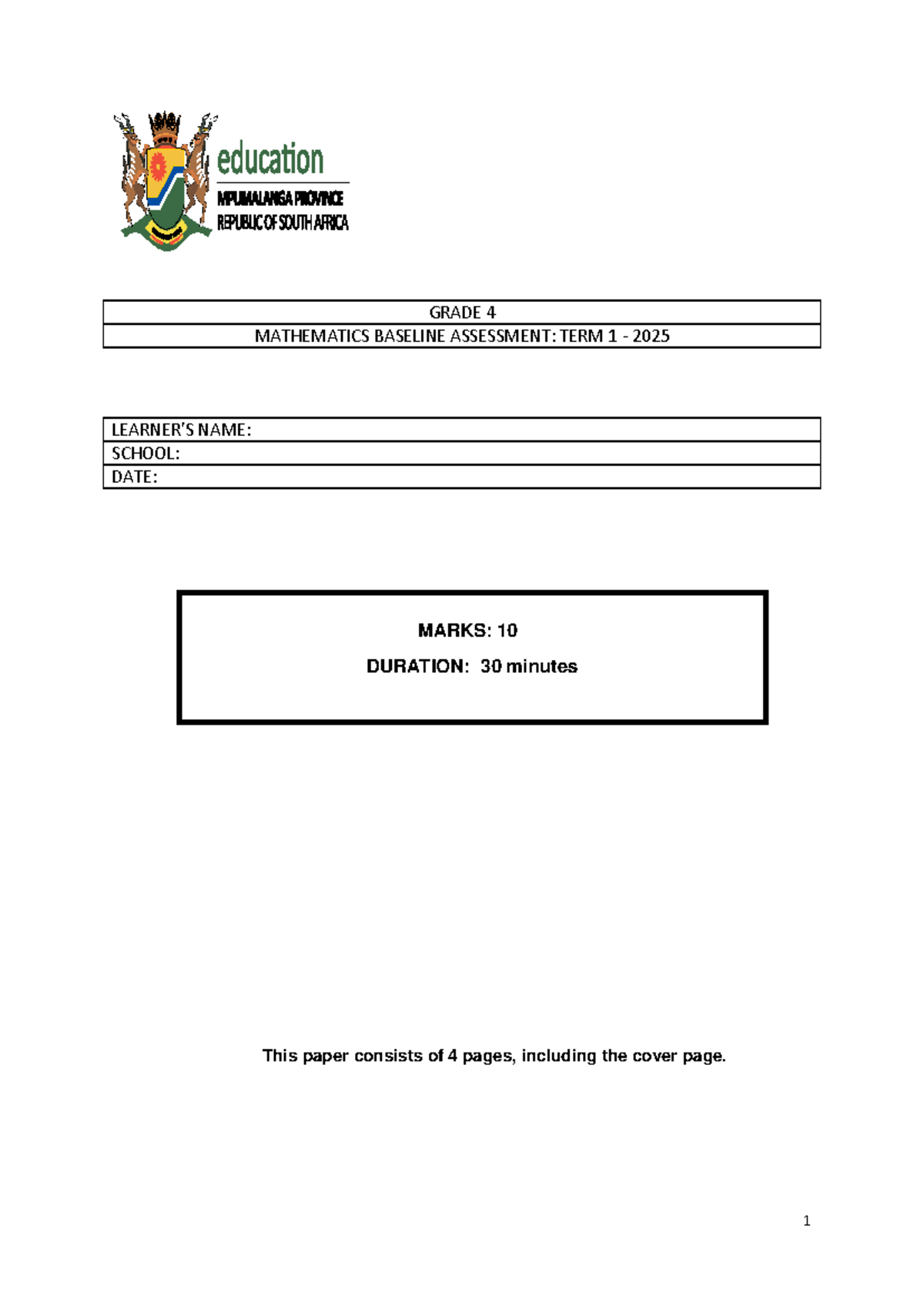 Grade 4 Mathematics Baseline Assessment - Term 1 2025 - Studocu