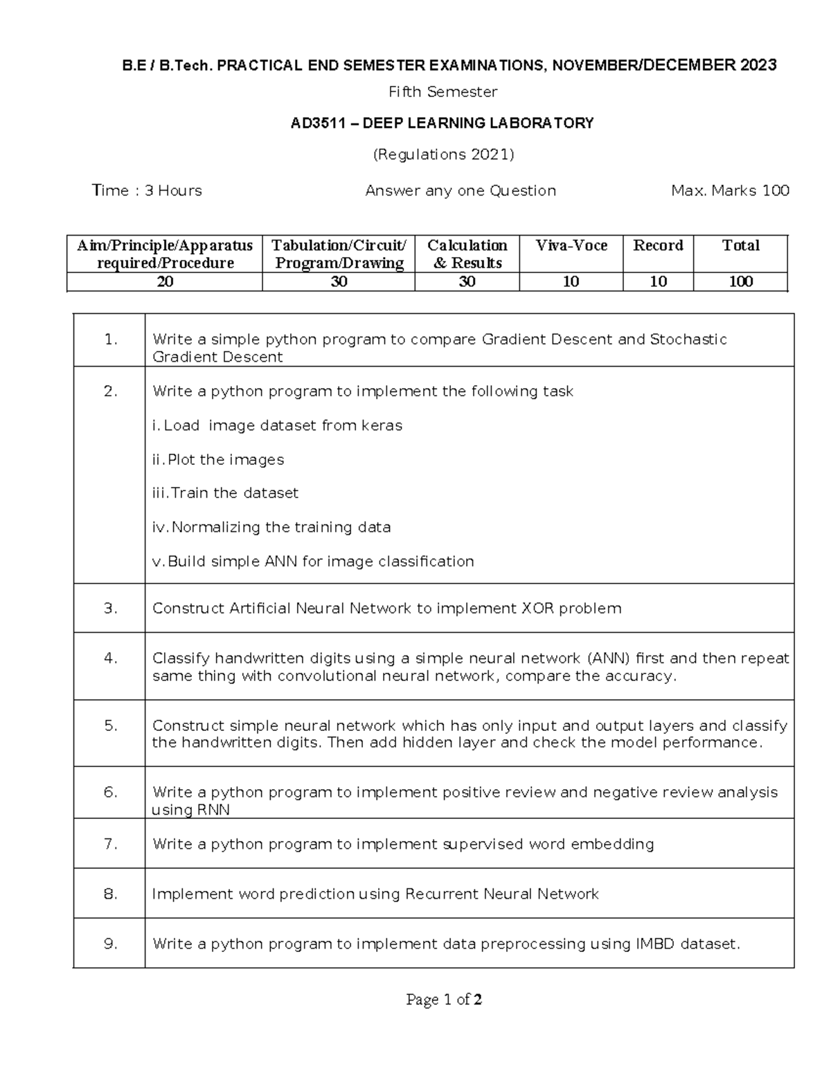 AD3511 Deep Learning Lab Practical Exam - Set 2, 2023 - Studocu