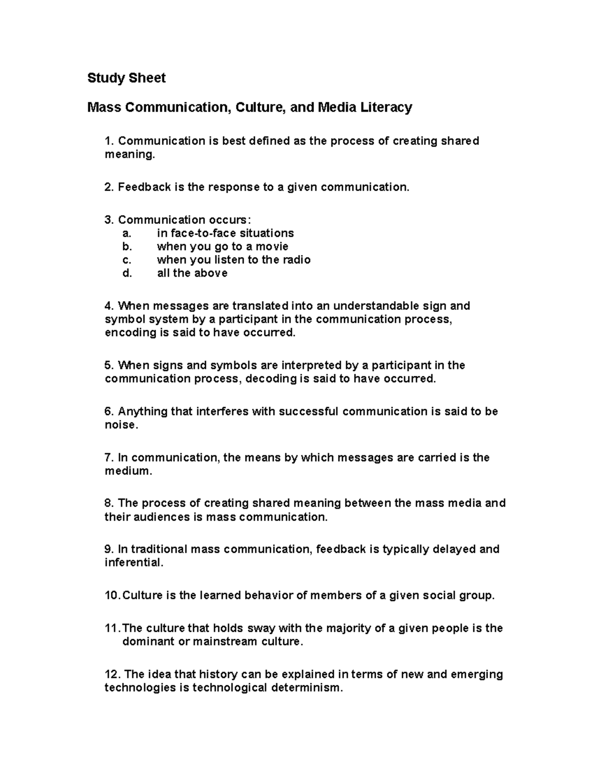 Mass Communication, Culture, and Media Literacy Study Sheet - Studocu