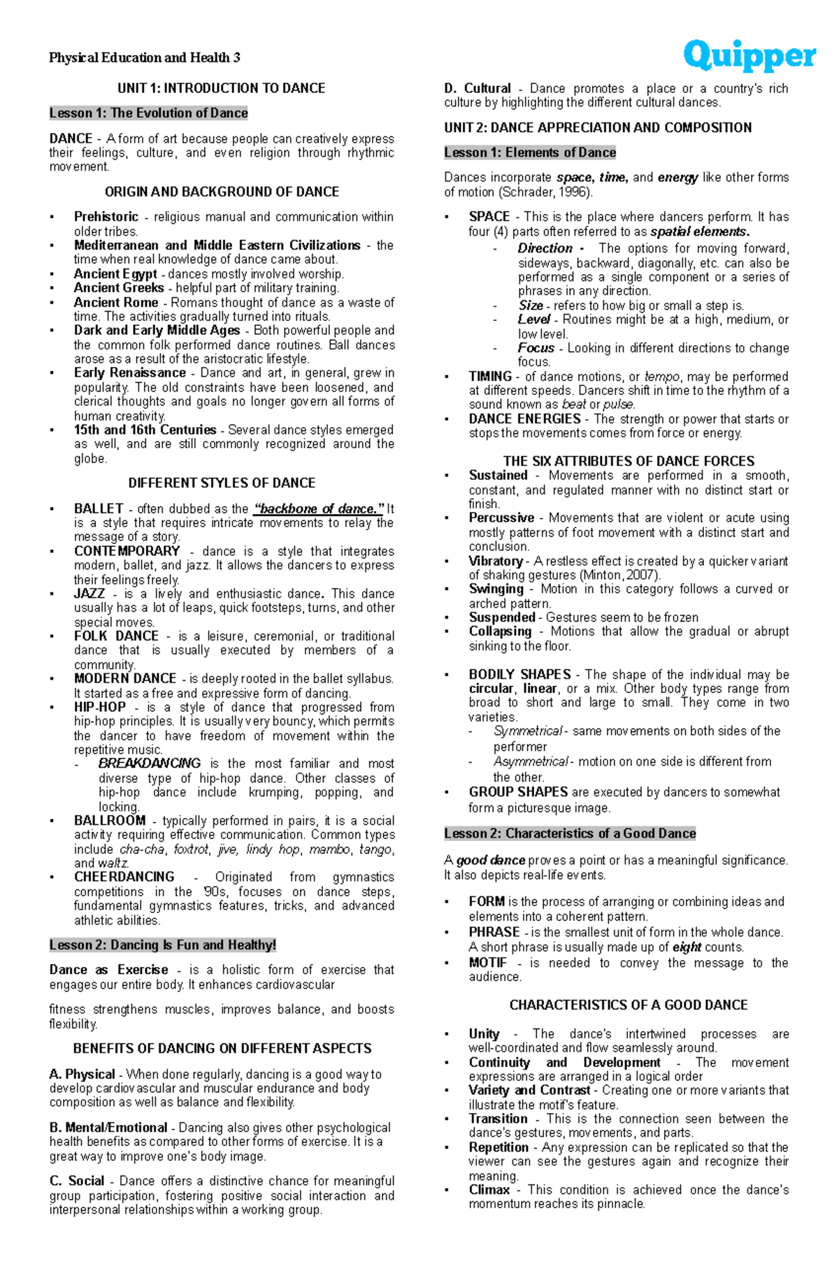 PEH-3 Lecture Notes: Evolution and Styles of Dance - Studocu