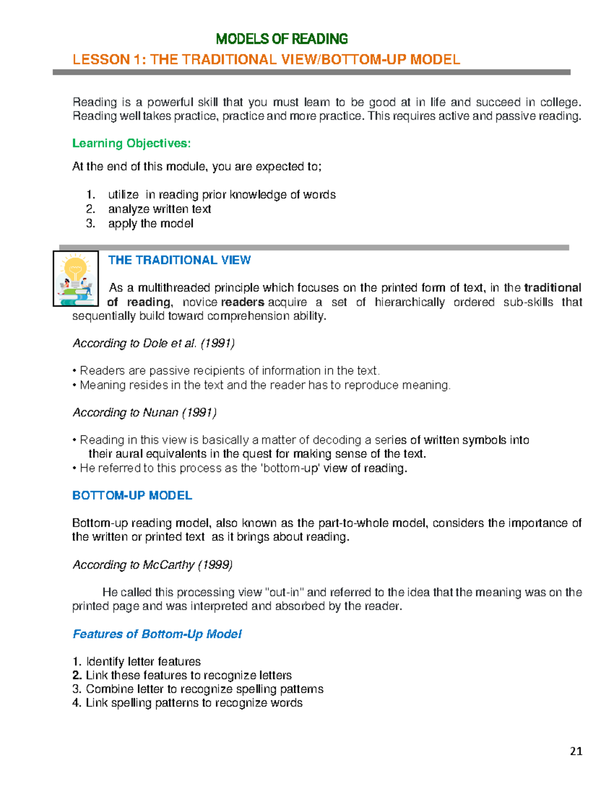 Developmental Reading- Reading Models - 21 LESSON 1: THE TRADITIONAL ...