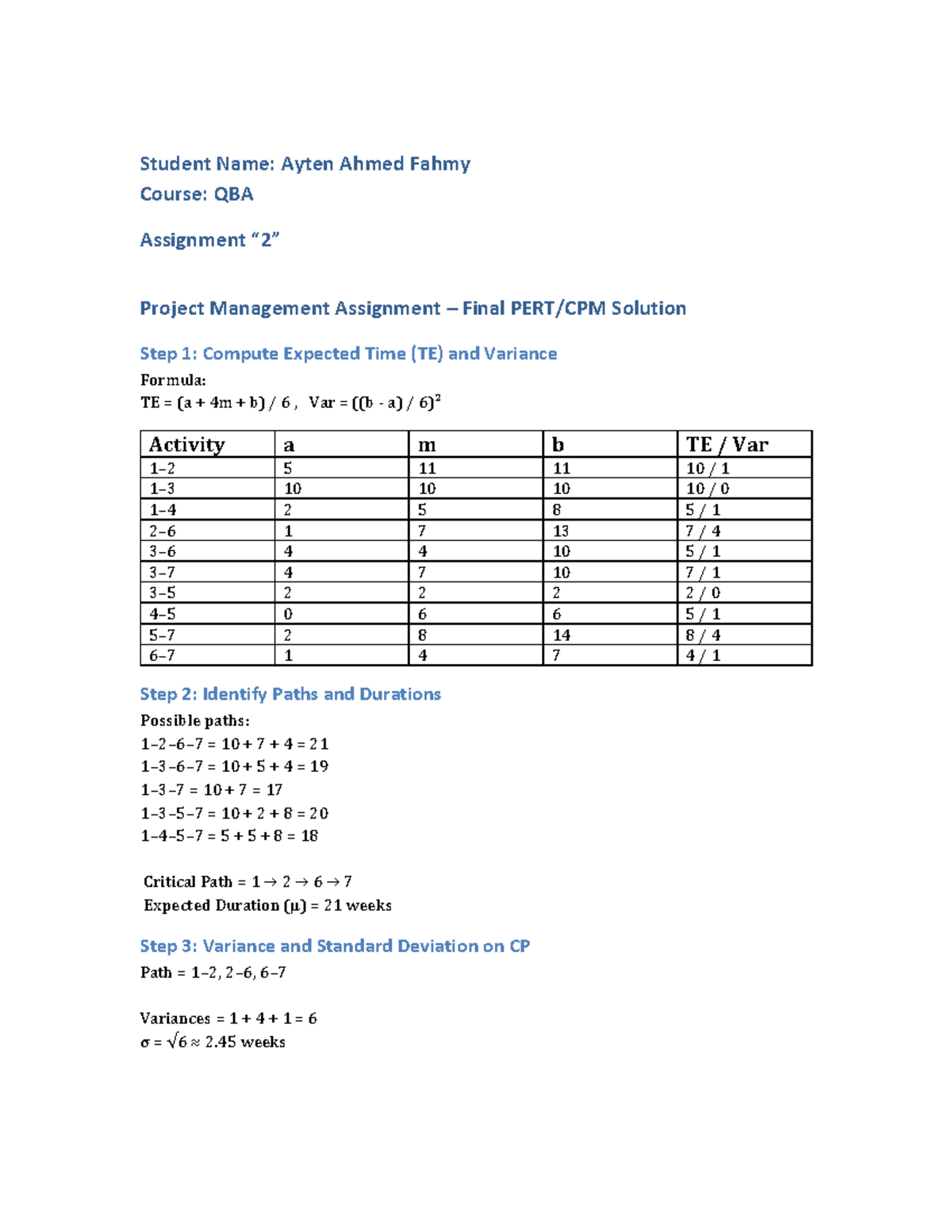 QBA Assignment: PERT Analysis Final Solution and Calculations - Studocu