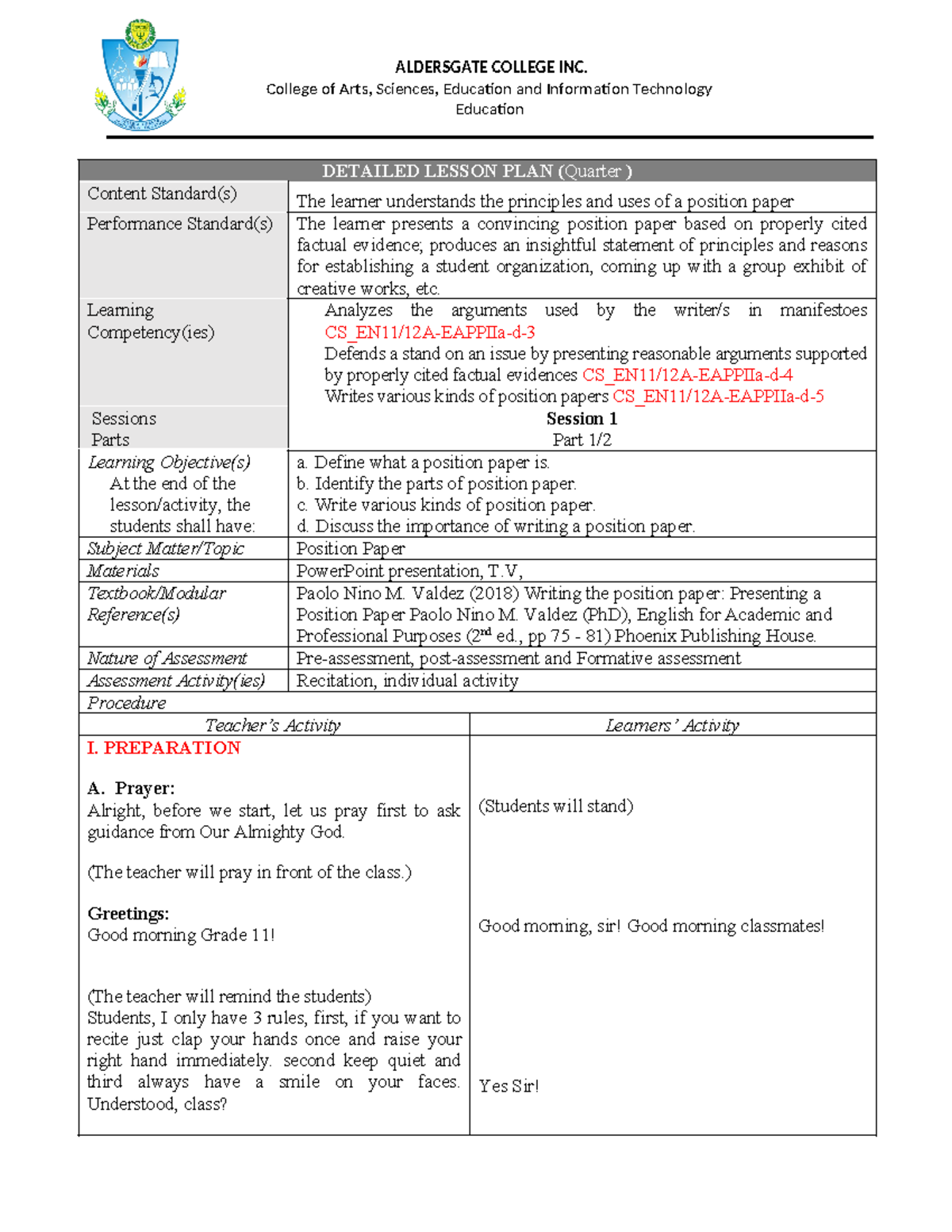 DLP- Position Paper Draft for CS_EN11/12A-EAPPIIa-d- Lesson Plan - Studocu