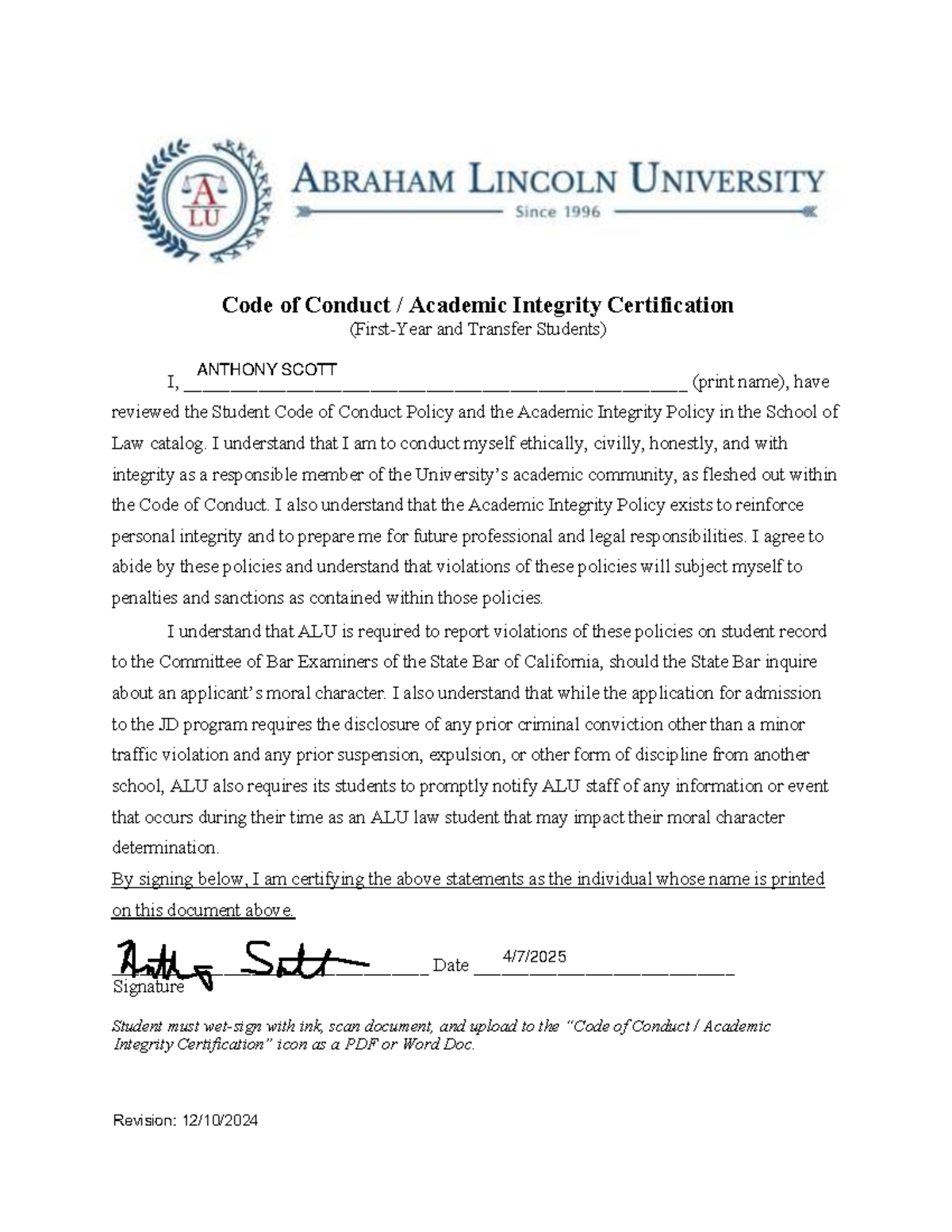 ALU Code of Conduct & Academic Integrity Certification - Studocu