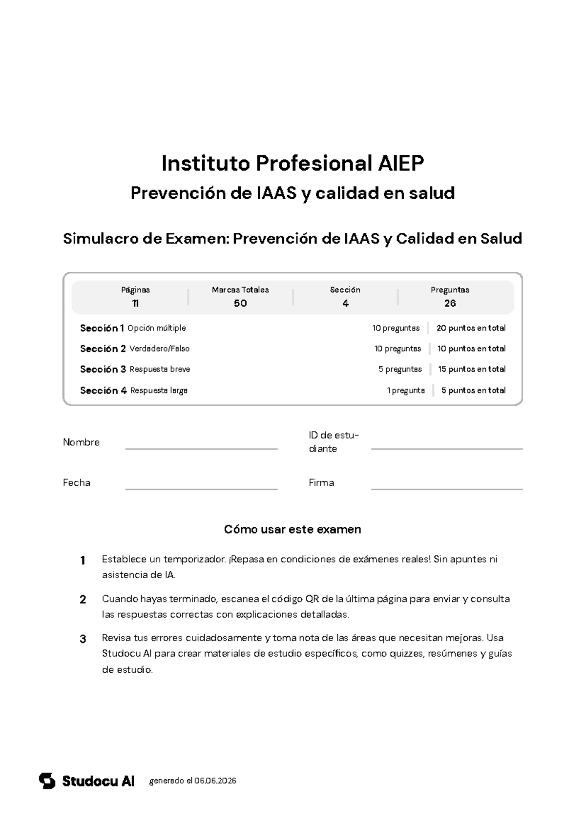 Simulacro de Examen: Prevención de IAAS y Calidad en Salud - Studocu