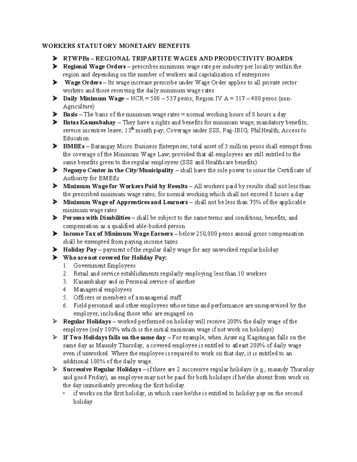 Workers Statutory Monetary Benefits: Overview and Key Regulations - Studocu