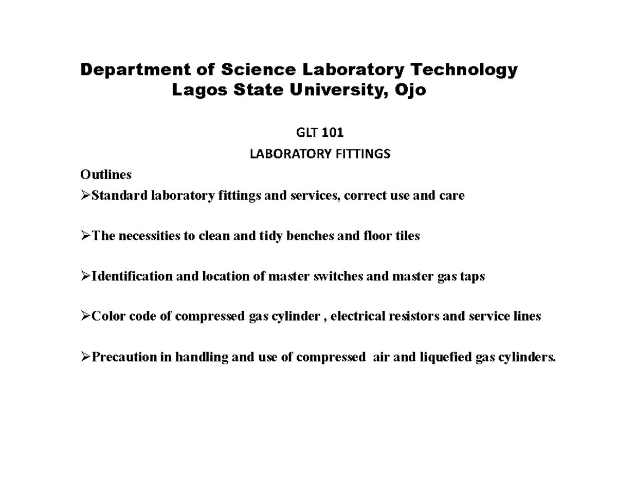 GLT 101 - Laboratory Fittings and Safety Procedures Guide - Studocu