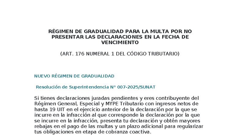 Régimen de Gradualidad para Multas - Resolución SUNAT 2025 - Studocu
