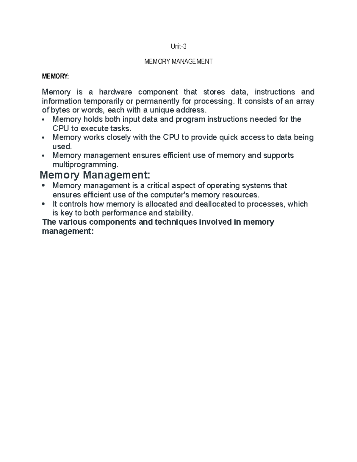 UNIT-3 ITA110: Memory Management in Operating Systems - Studocu