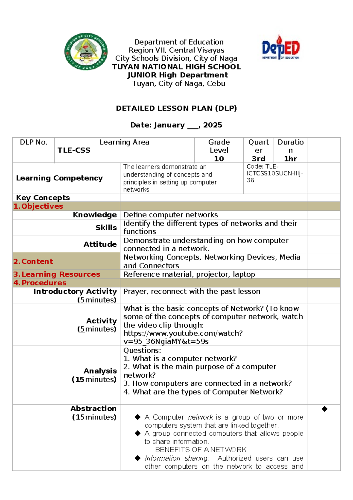 Detailed Lesson Plan (DLP) on Computer Networking for Grade 10 - 3rd Quarter - Studocu