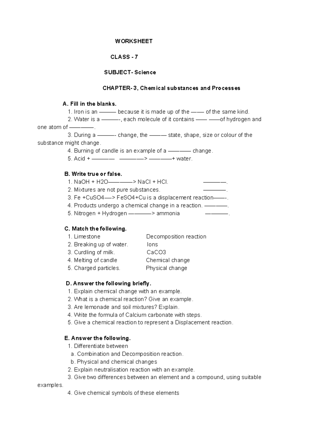 Class 7 Science Worksheet: Chemical Substances & Processes - Studocu