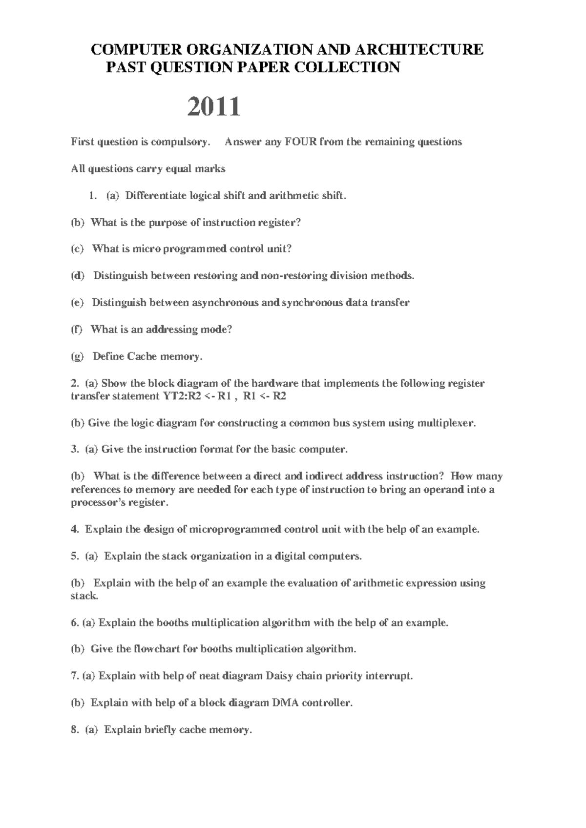 Past Exam Papers For Cse In Computer Organization And Architecture