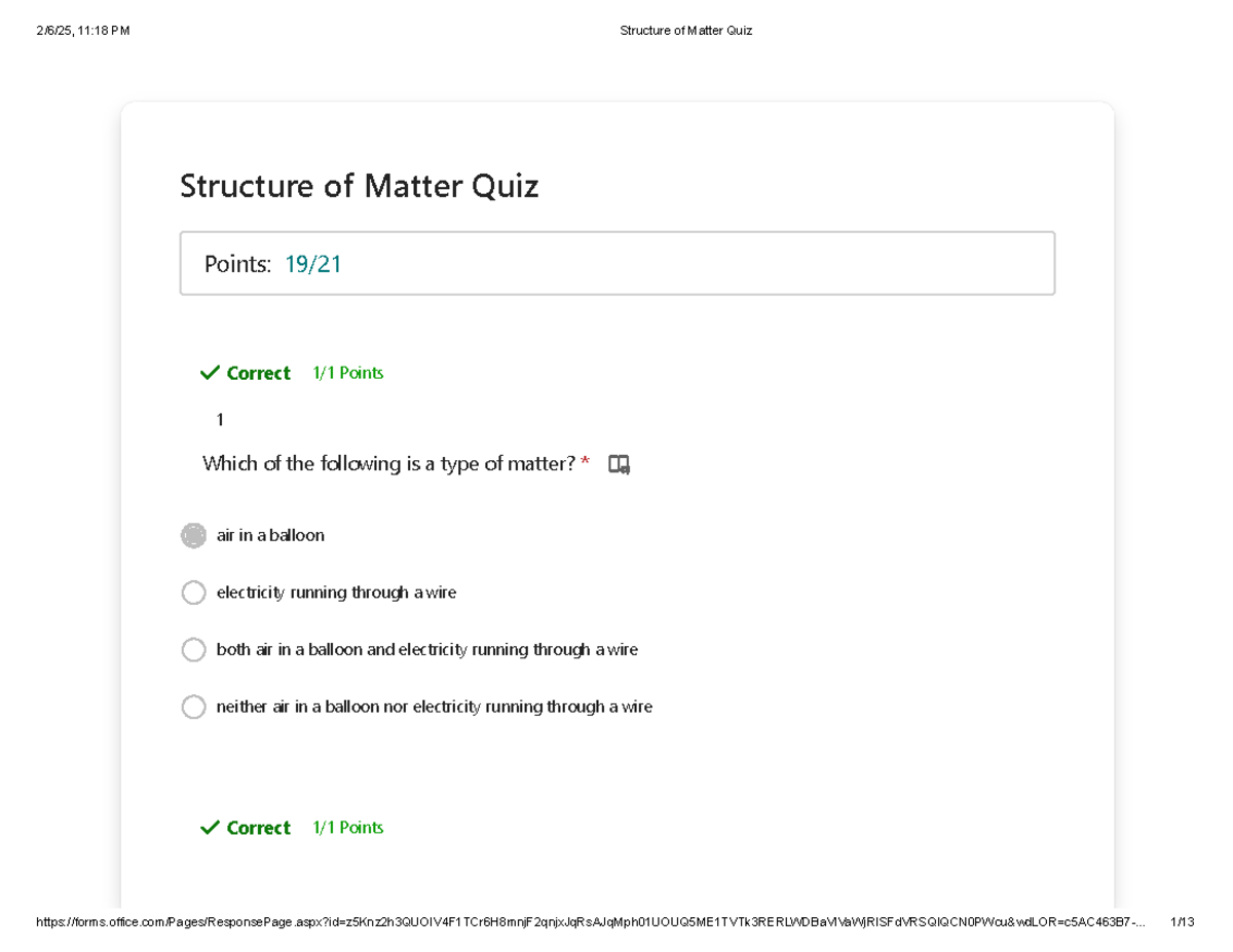 Structure of Matter Quiz - Science 101 Midterm Assessment - Studocu