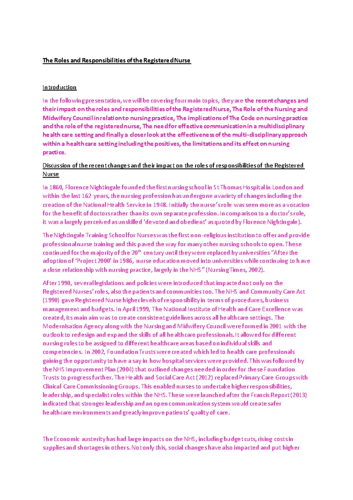 The Roles and Responsibilities of the Registered Nurse Presentation ...