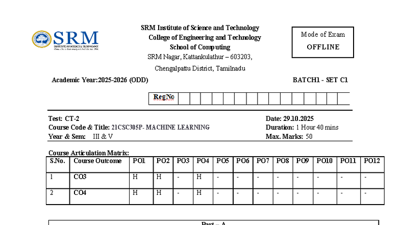 MACHINE LEARNING SET C1 CT2 21CSC305P Exam Answer Key - Studocu