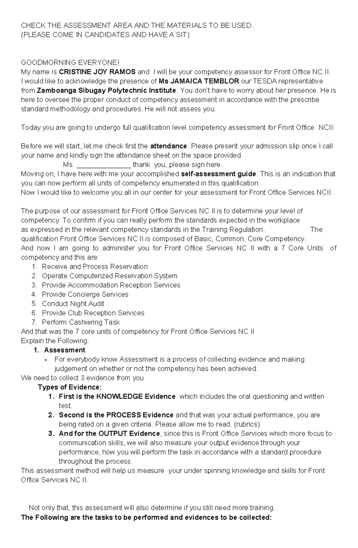 Front Office NCII Competency Assessment Assessor Script - Studocu
