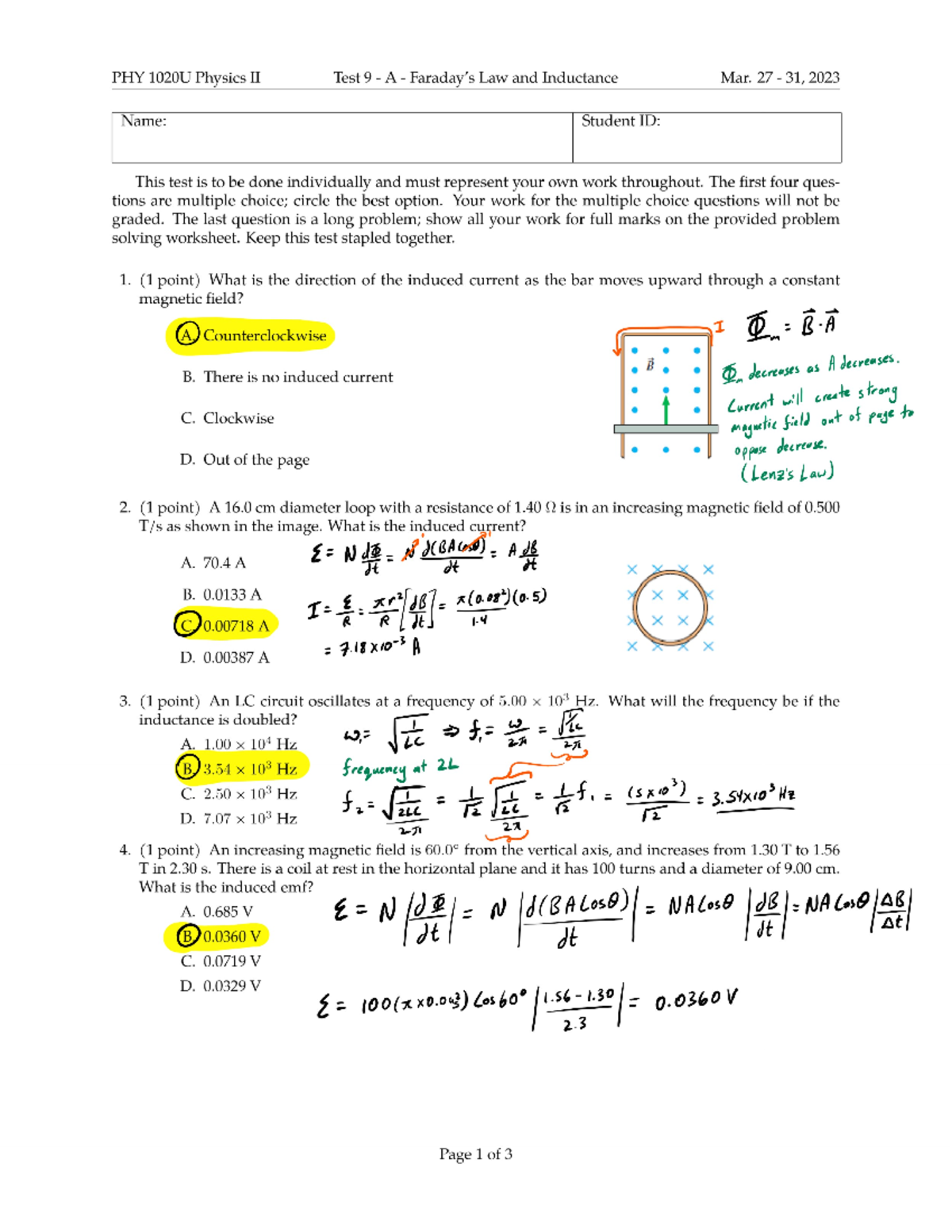 Tutorial Test Topic 9 - PHY1020U - Studocu