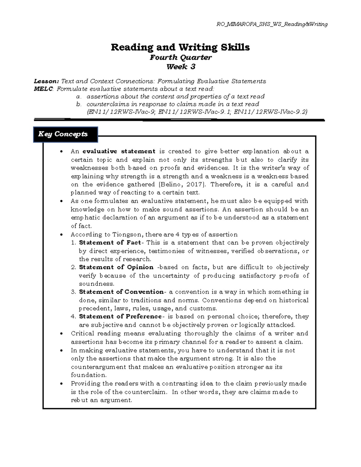 Senior High School - Reading and Writing - Week 4 - Reading and Writing ...