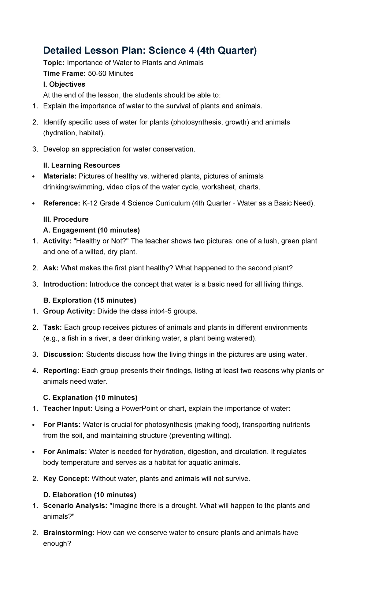 Detailed Lesson Plan: Science 4 (4th Quarter) - Importance of Water ...
