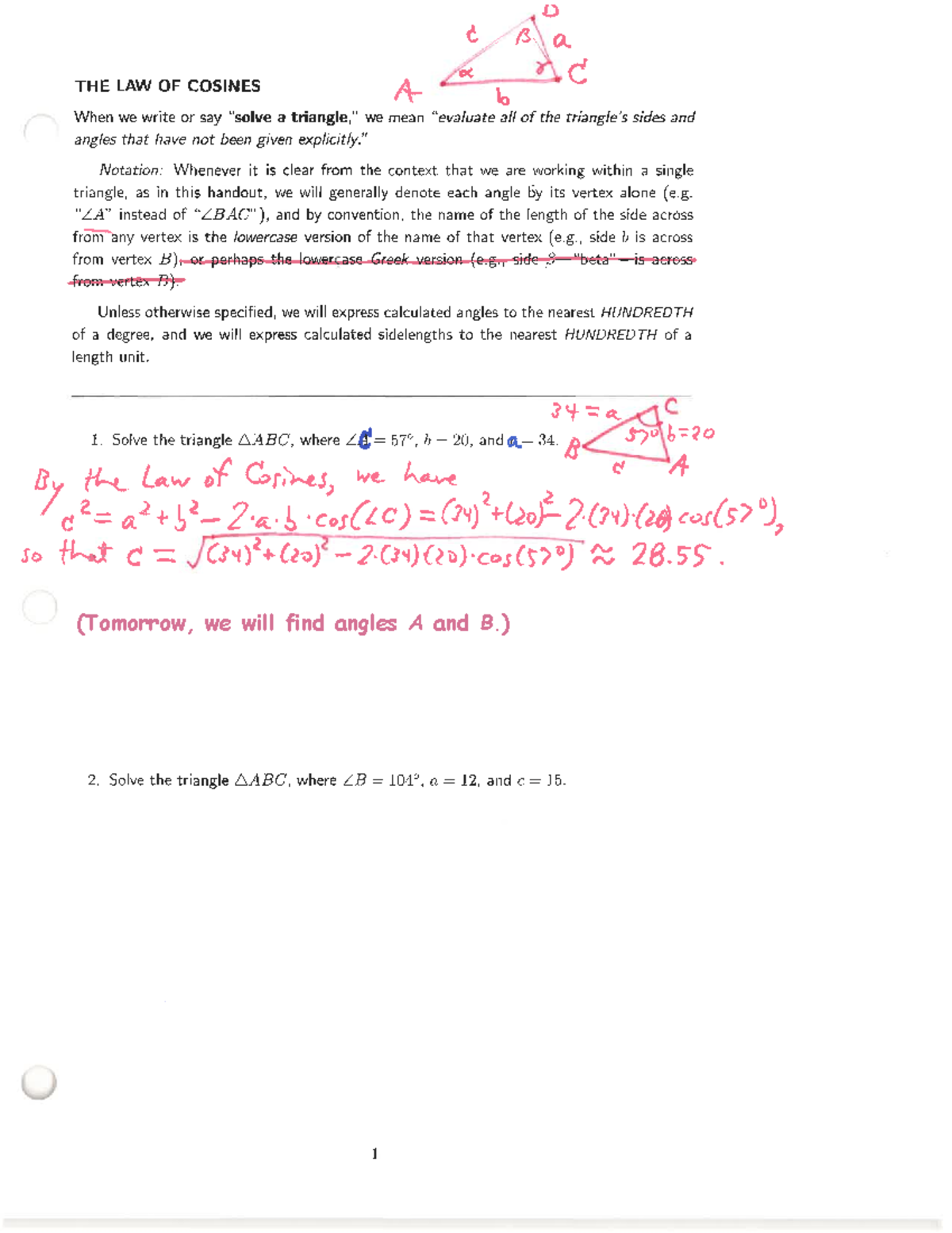 Law of Cosines Notes & Key Problems - Geometry 101 - Studocu