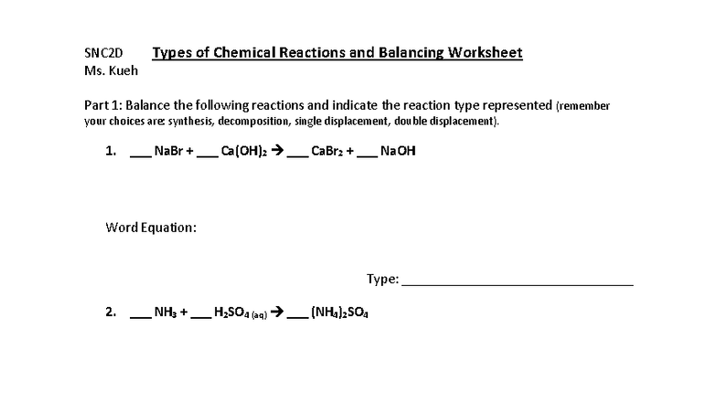 SNC2D Types of Chemical Reactions & Balancing Worksheet - Studocu