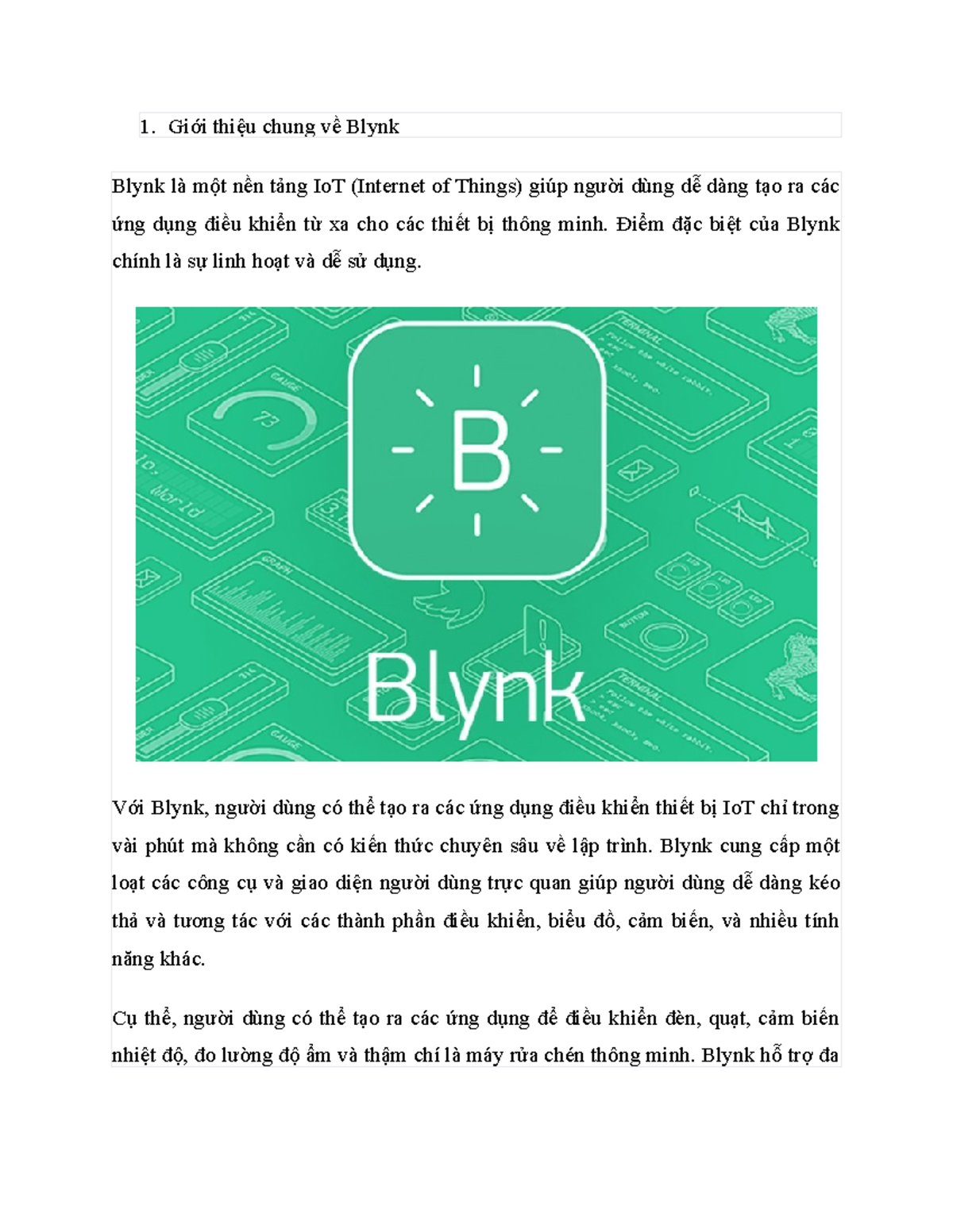 Giới thiệu về Blynk: Nền tảng IoT cho ứng dụng điều khiển từ xa - Studocu