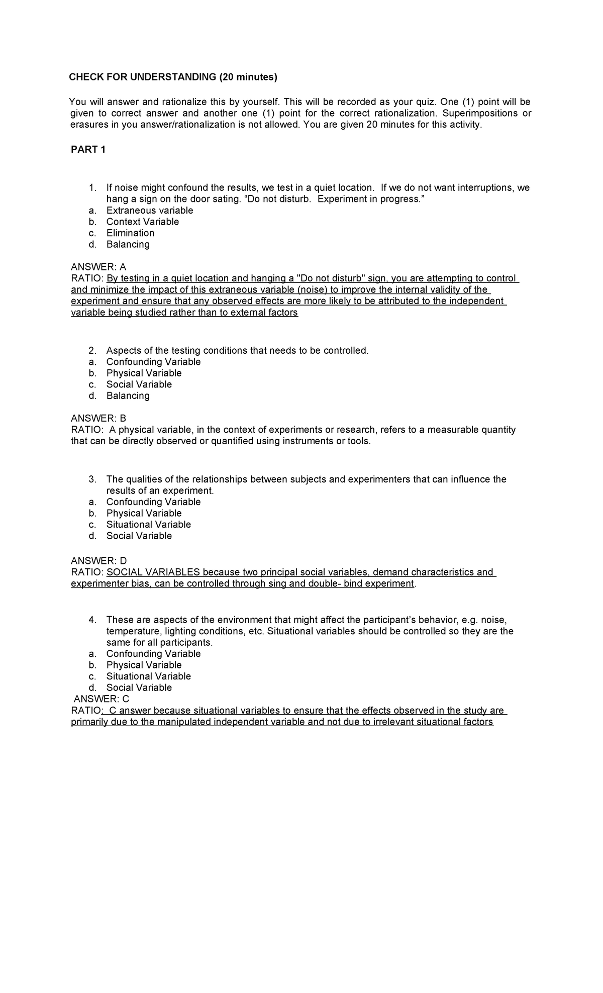 Experiment Psych - Check THE Understanding MATERIALS - CHECK FOR ...