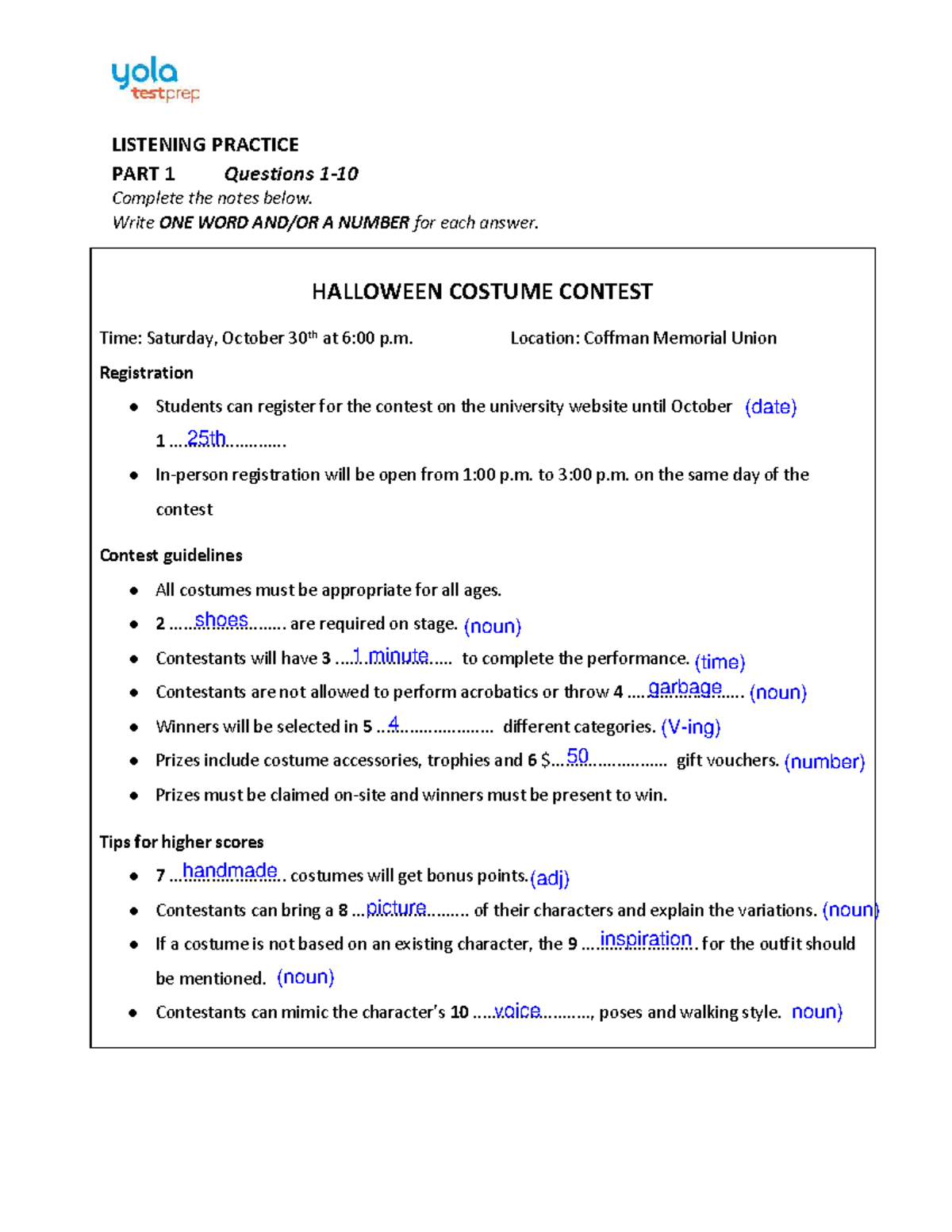 Listening - Handout Part 1: Halloween Costume Contest Details - Studocu