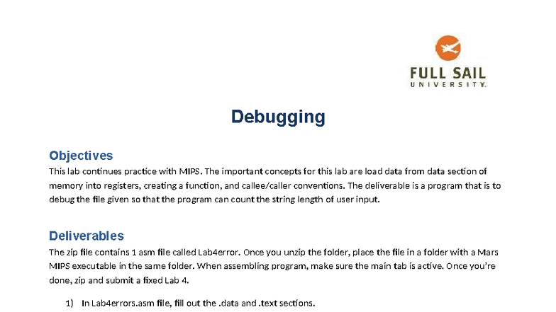 Debugging Objectives for Lab 4: MIPS String Length Program - Studocu