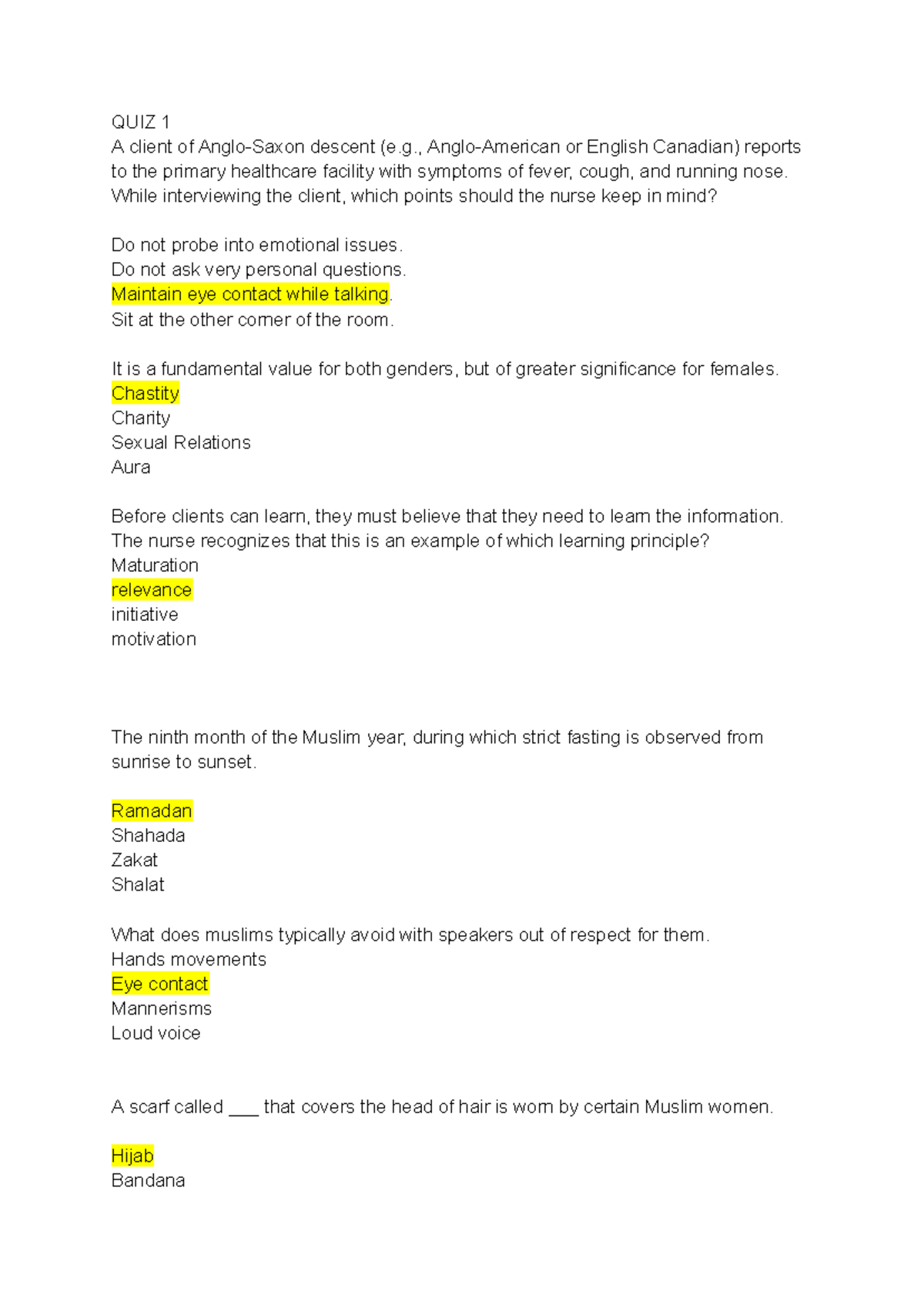 TCN - Midterm - Transcultural Nursing: Key Concepts and Quiz Insights - Studocu