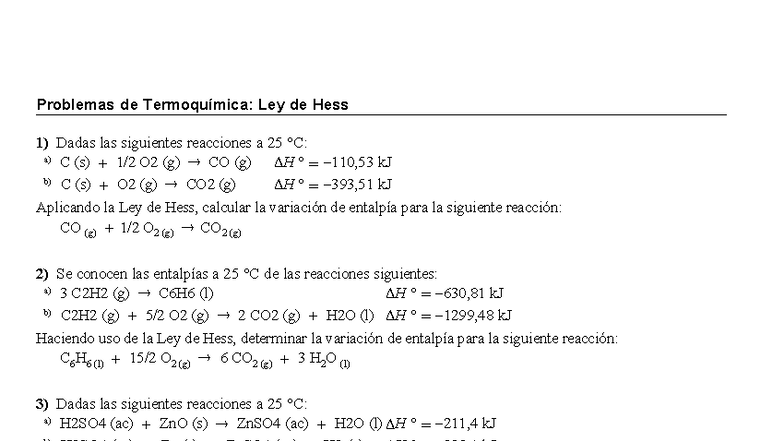Problemas de Termoquímica: Ley de Hess - Ejercicios y Soluciones - Studocu