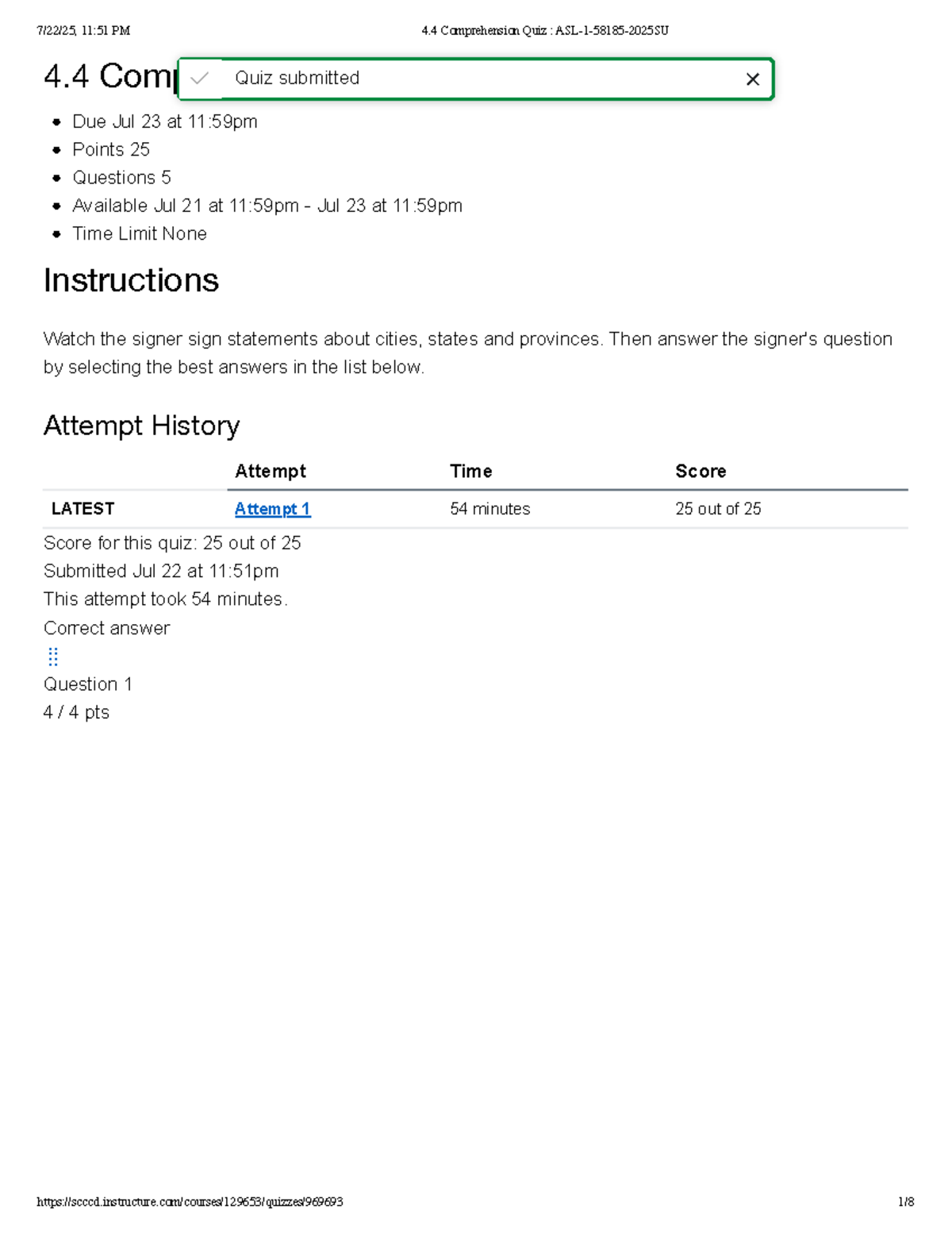 4.4 Comprehension Quiz Results - ASL-1-58185-2025SU - Studocu