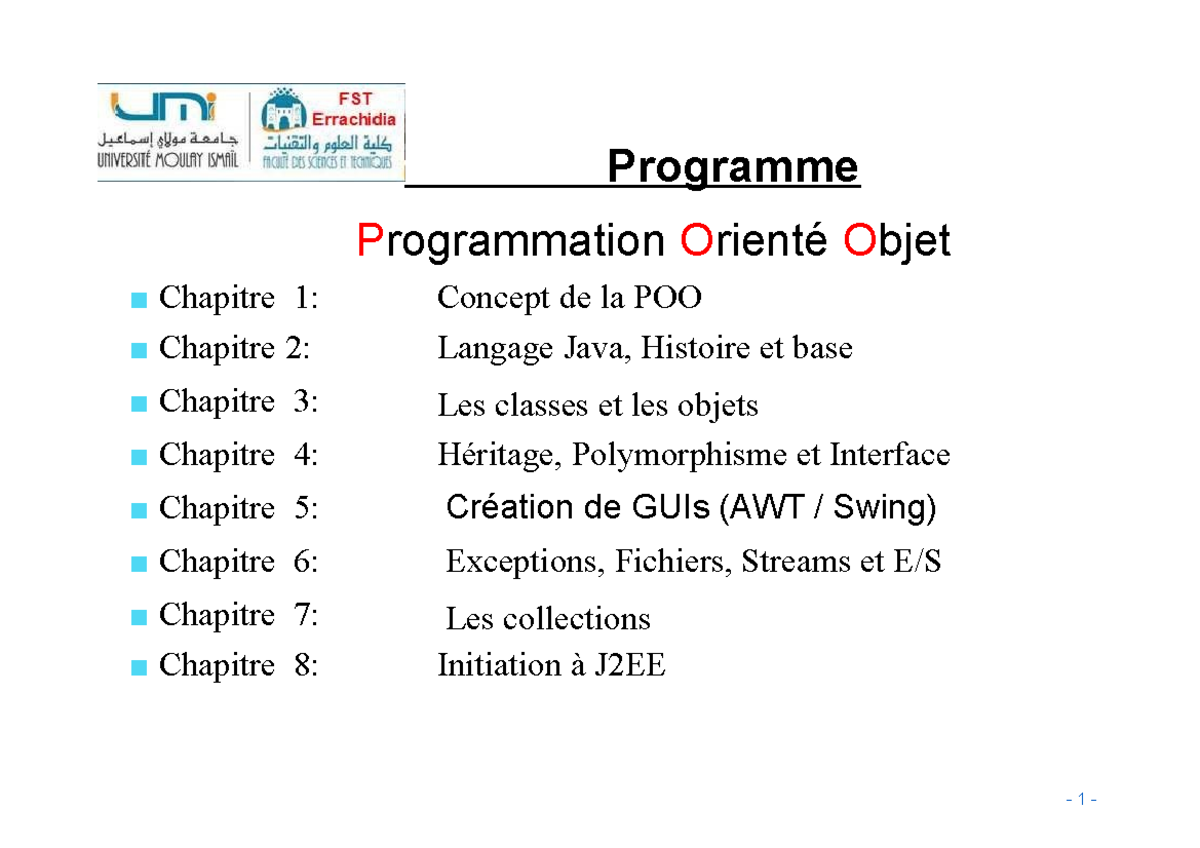Cours Java Chapitre 1: Introduction à la Programmation Orientée Objet - Studocu