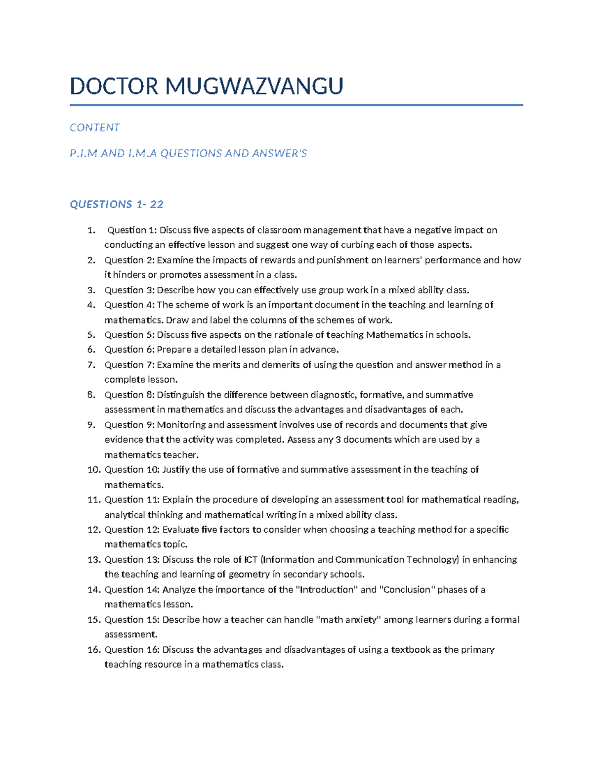 I.M.A & P.I.M: Classroom Management & Assessment Strategies - Studocu