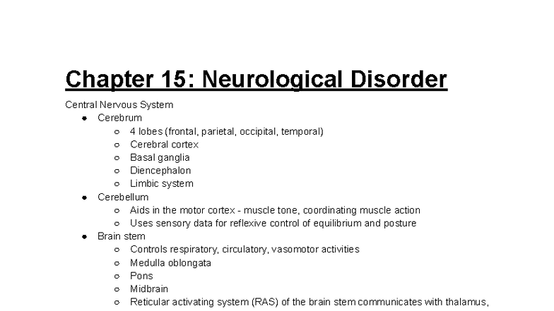 Adv H.A. - Chapter 15: Neurological Disorders & Assessment Notes - Studocu