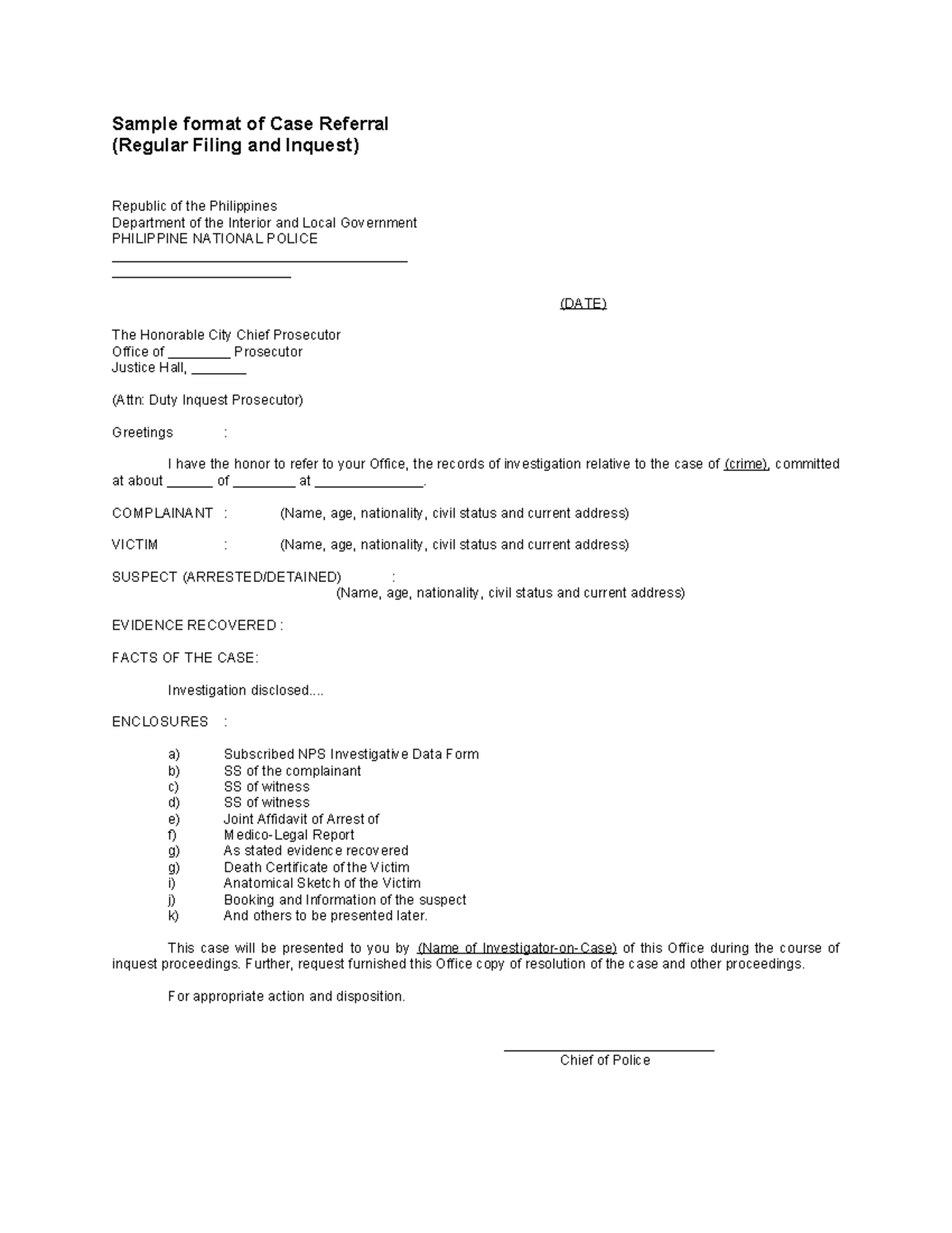 Case Referral Format Template for Law Enforcement Inquest - Studocu