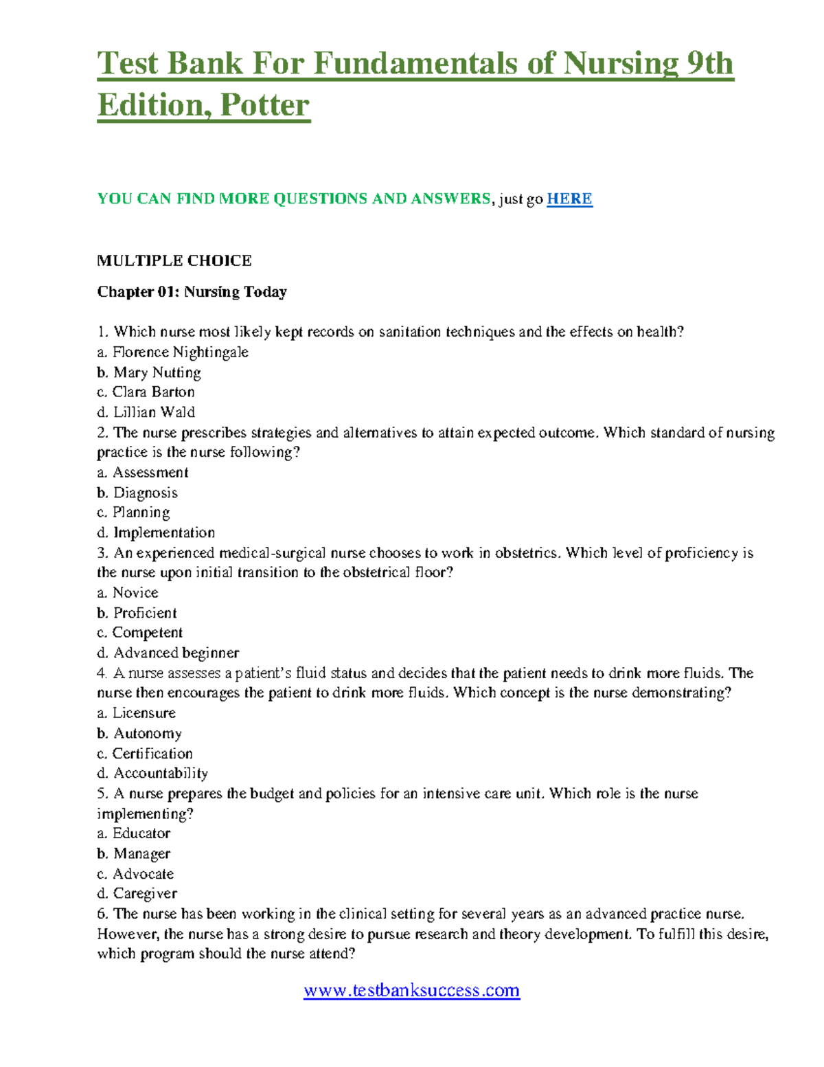 Test Bank for Fundamentals of Nursing 9th Edition - Comprehensive Q&A ...