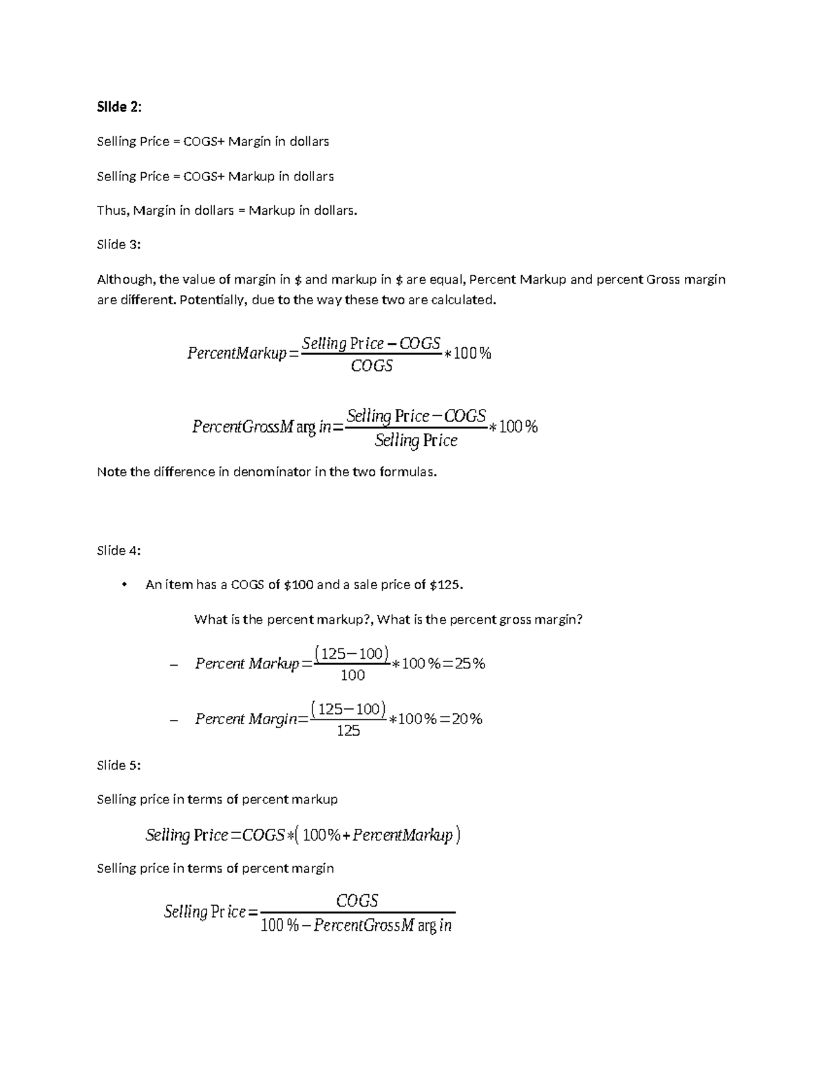 IDIS 240: Presentation 7 Notes on Selling Price Margin & Markup - Studocu